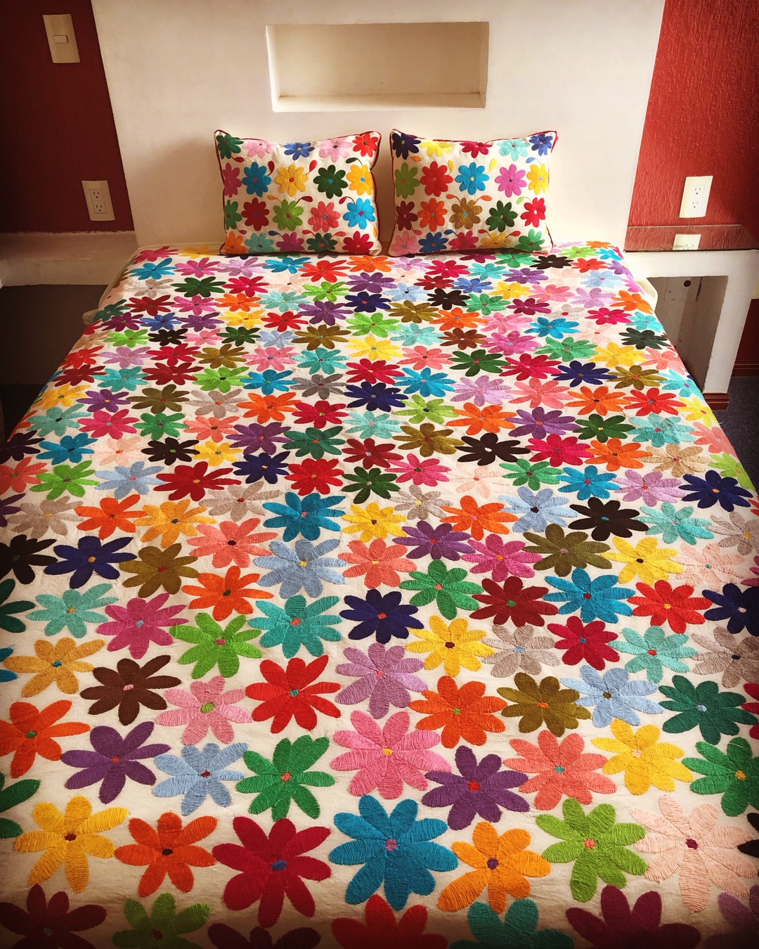 Hand-embroidered Otomi Flower Bedspread - Etsy