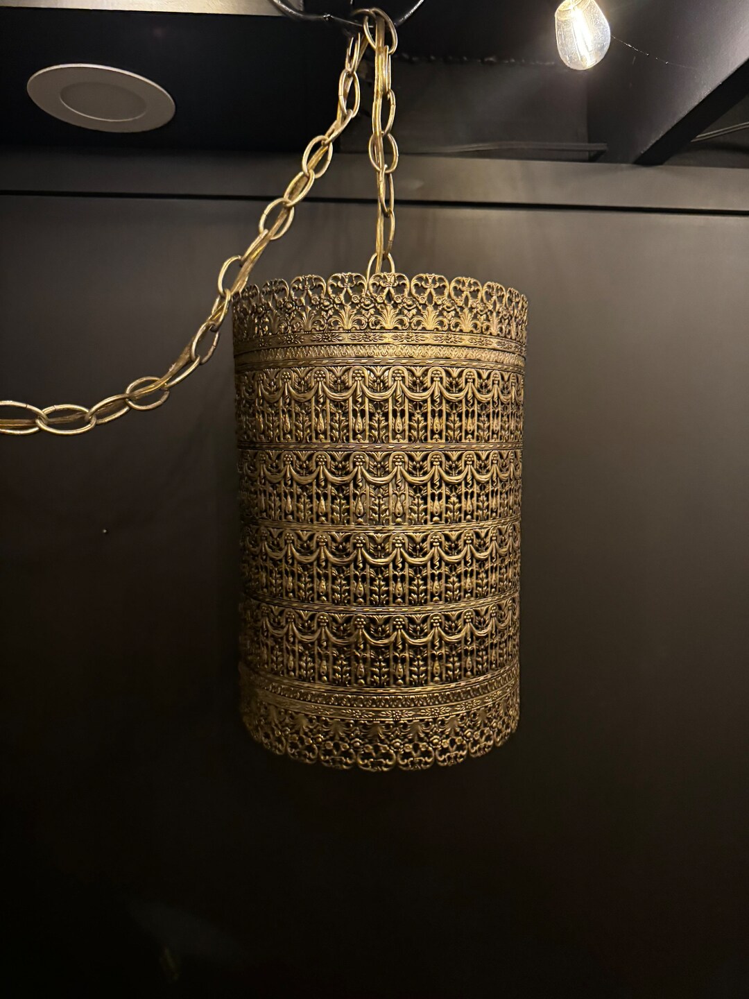 Metal Swag Lamp, Filigree Vintage Lighting, Plug in Light, Ornate ...