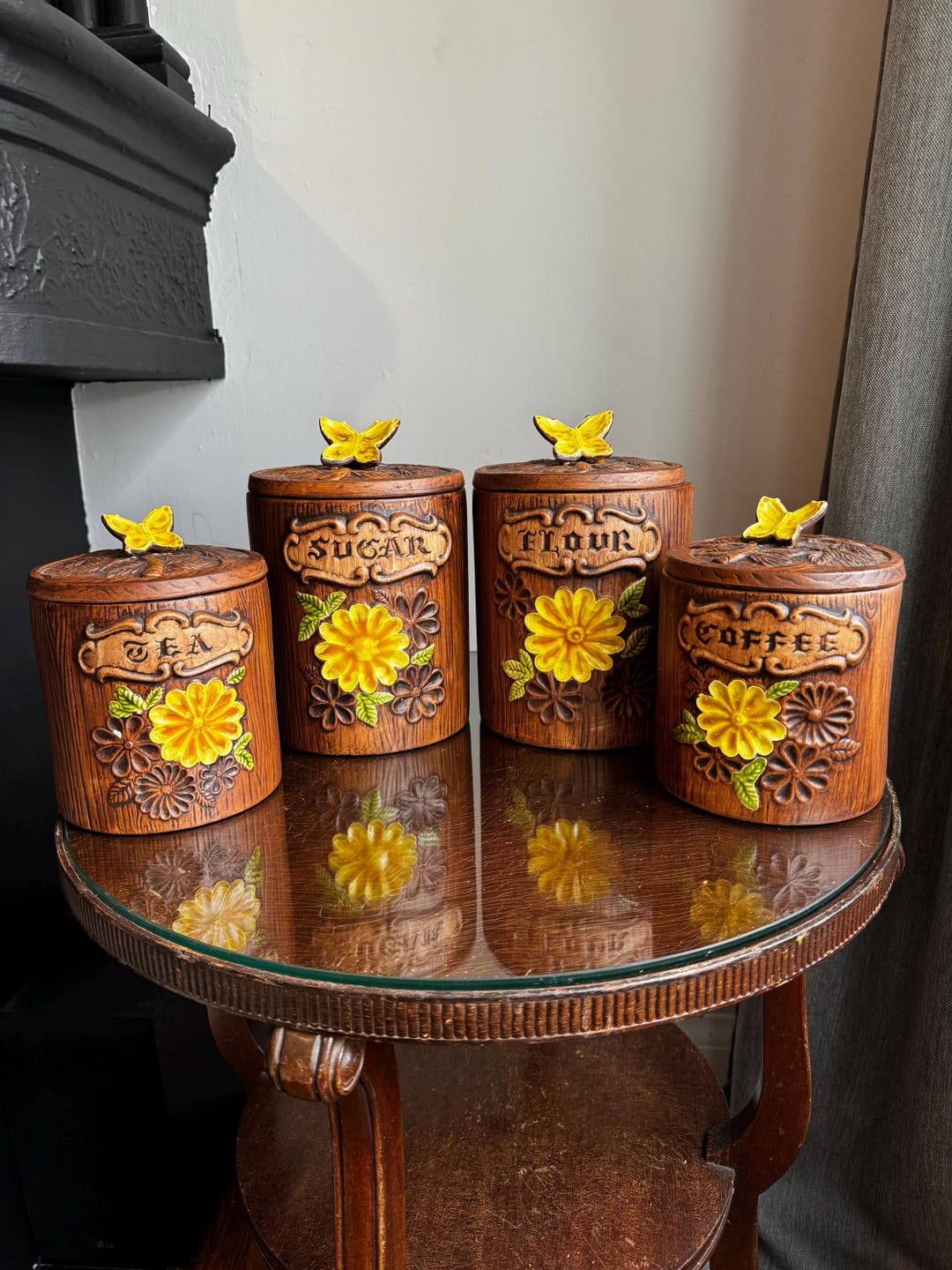 Vintage Treasure Craft Butterfly Canister Set, Floral Canisters, Flour ...