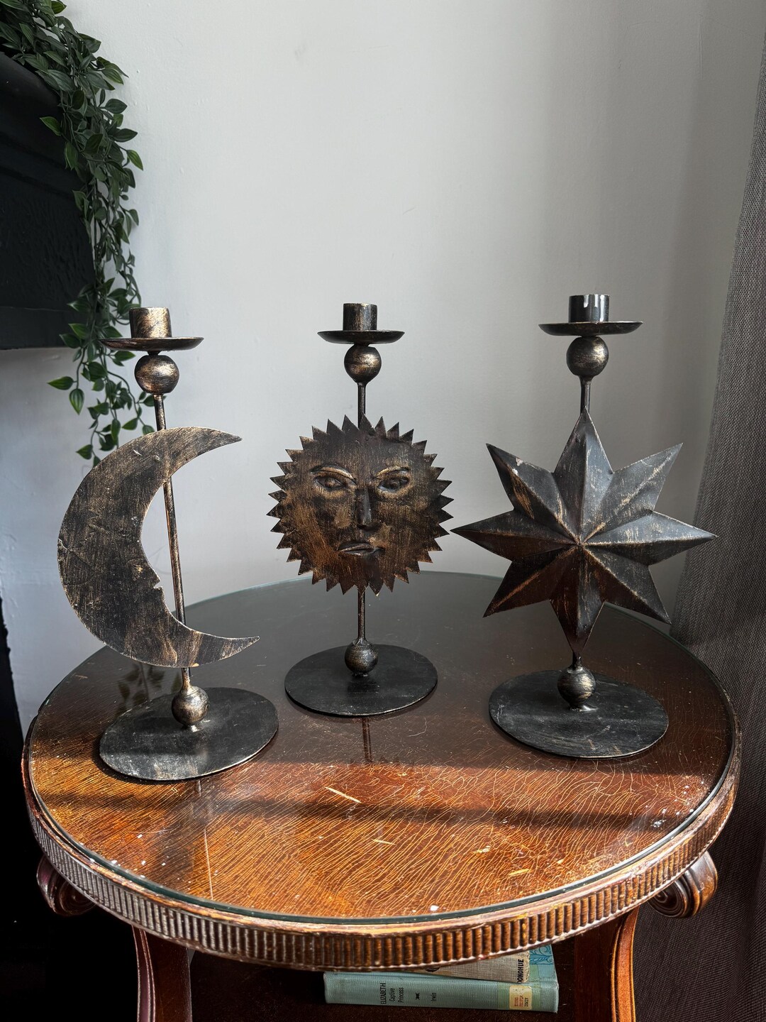 Vintage Set of 3 Celestial Metal Candlestick Holders - Moon, Sun, Star ...
