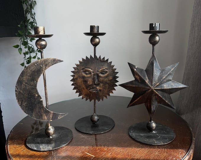 Vintage Set of 3 Celestial Metal Candlestick Holders - Moon, Sun, Star ...