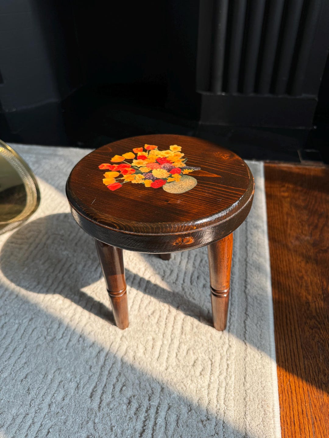 Vintage Wooden Stool, Plant Stand, Flower Stool, Wood Stool With Floral ...