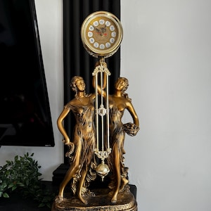 Vintage Goddess Clock, Swinging Pendulum, Ornate Mantel Clock, Gold ...