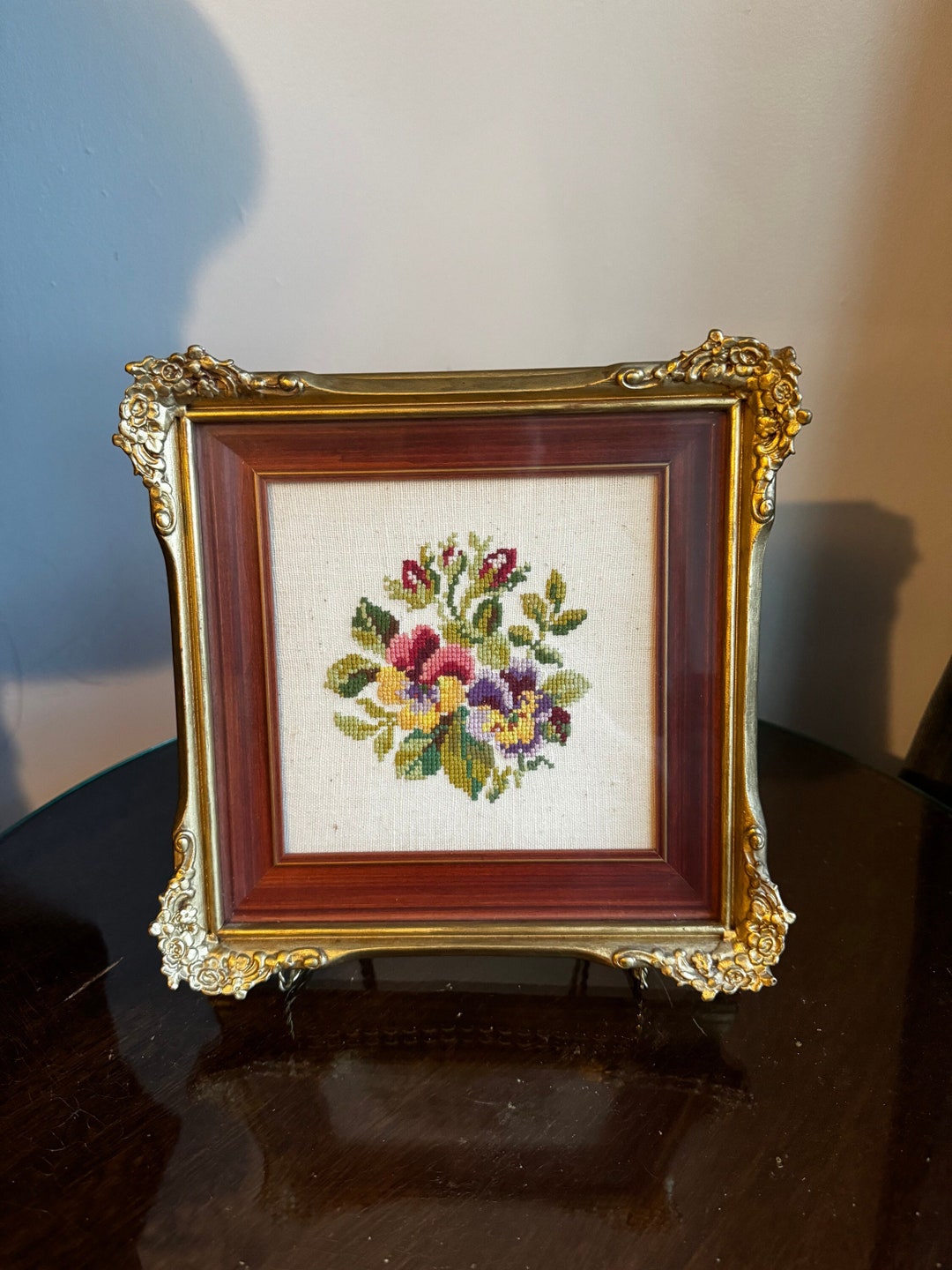 Vintage Ornate Framed Needlepoint Picture, Floral Wall Decor, Flower ...