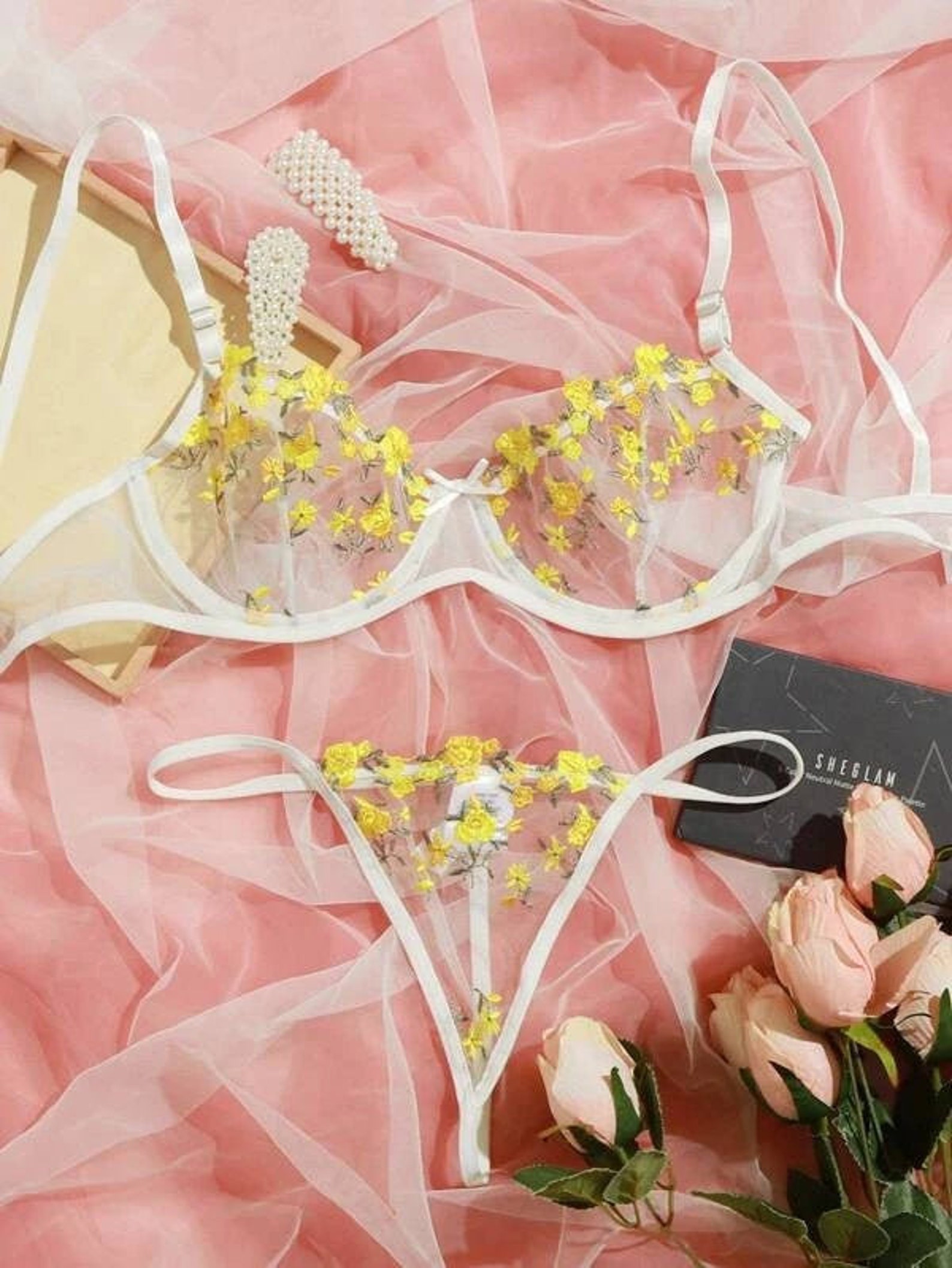 Women Floral Embroidered Mesh Underwire Lingerie Set Sexy Etsy