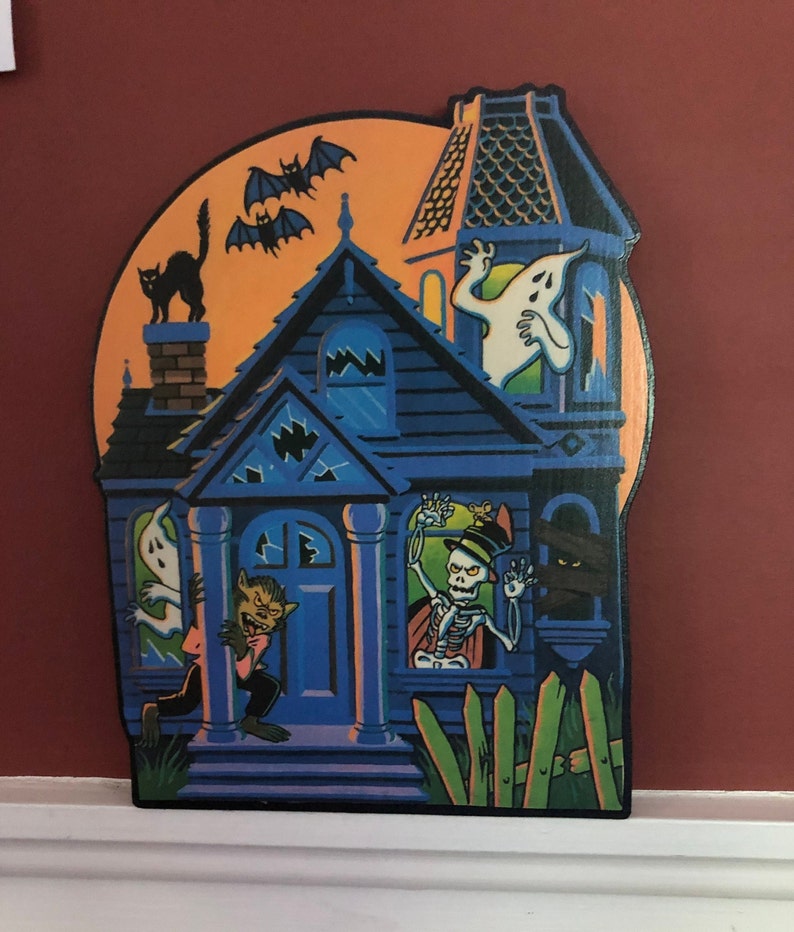 Retro Halloween Decoration Blue Haunted House - Etsy