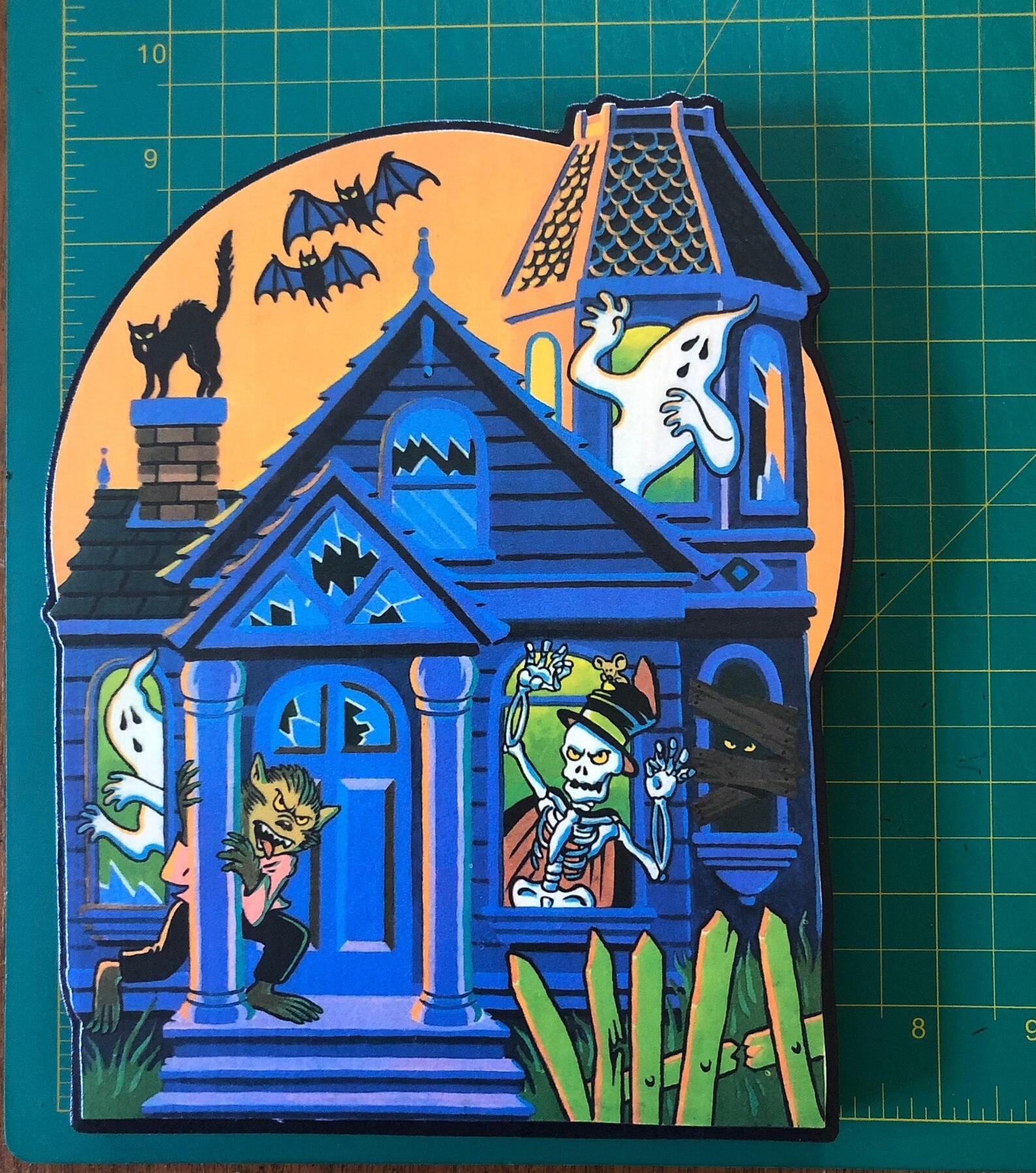 Retro Halloween Decoration Blue Haunted House - Etsy