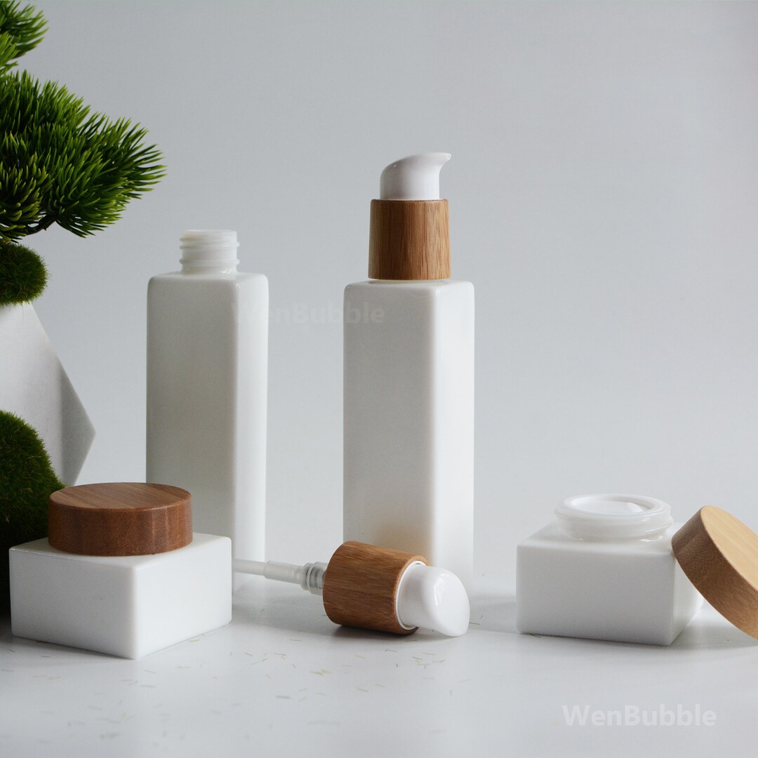 1-200pcs 30ml 50ml 100ml Natural Bamboo Square Glass White Lotion Serum ...