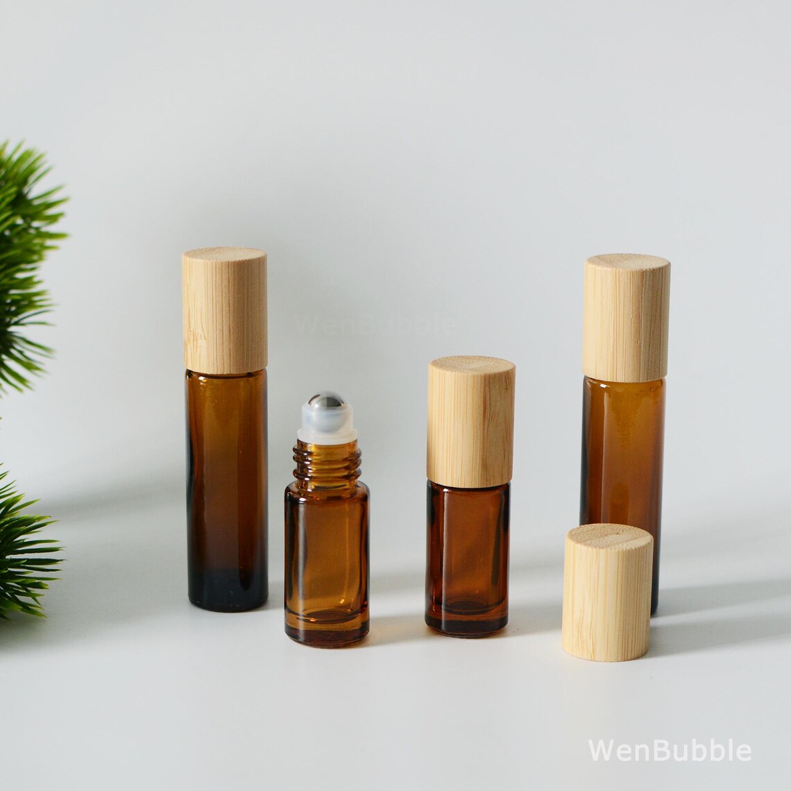 1-500pcs 5ml 10ml Bamboo Wooden Shiny Amber Glass Roll on Bottle ...