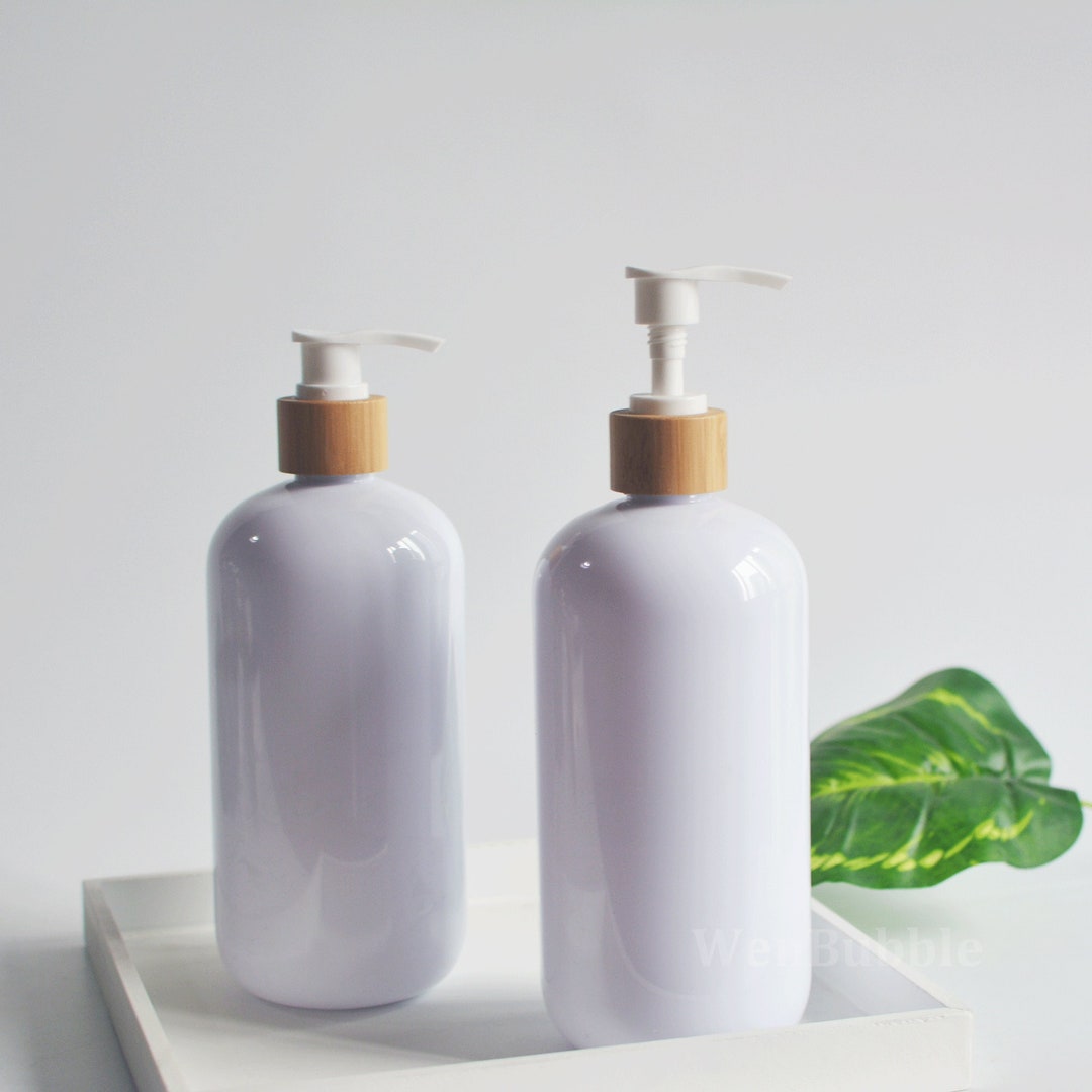 500ml 16oz Natural Bamboo Wooden Soap Dispenser Bottle, Plastic White ...