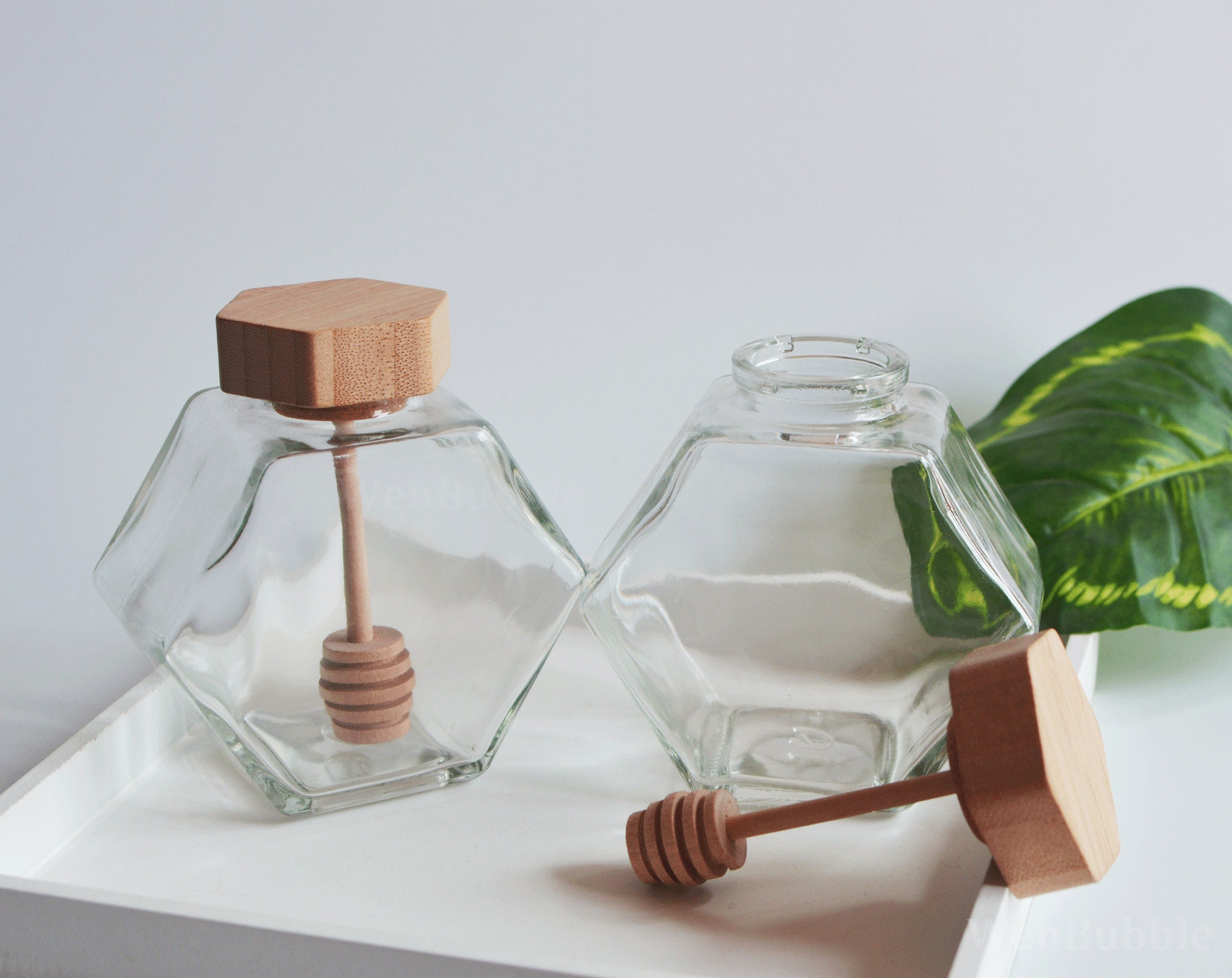 8oz 250ml Glass Honey Jar Pot, Eco Natural Bamboo Wooden Honey ...