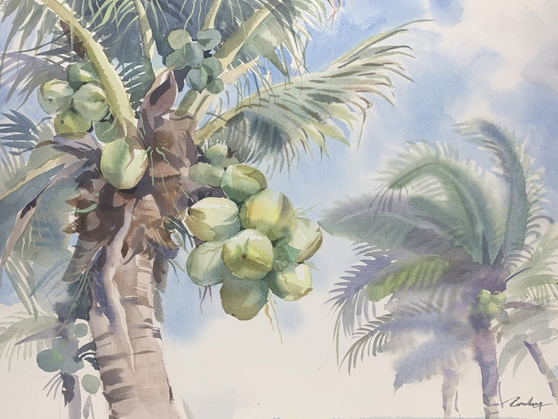 Coconut Tree Original Art Watercolor Painting Fruit Artwork Wall Décor ...