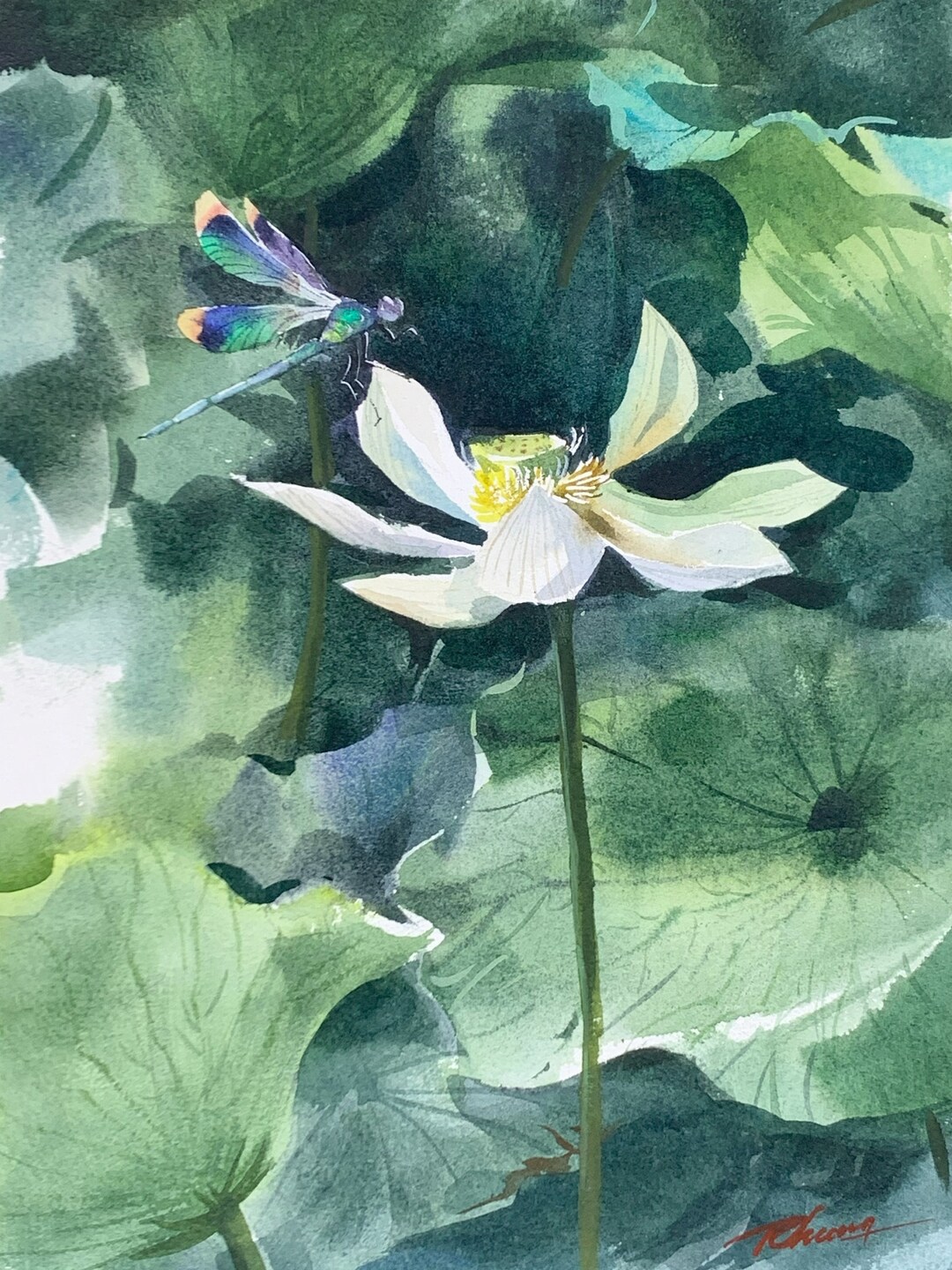 Dragonfly Lotus Flower Original Art Watercolor Painting Flower Artwork ...