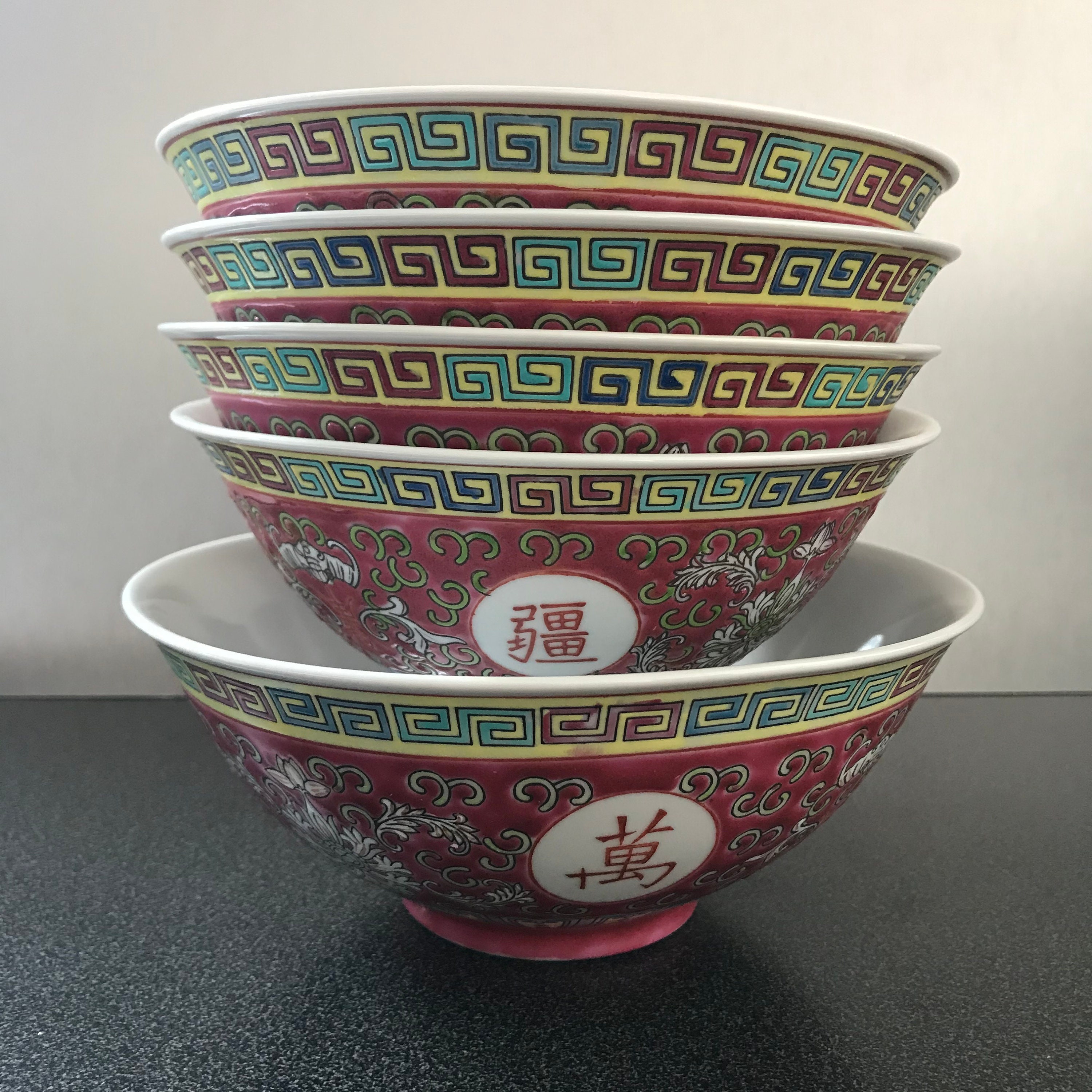 Vintage Chinese Mun Shou Porcelain Rice/soup Large Bowls Longevity ...