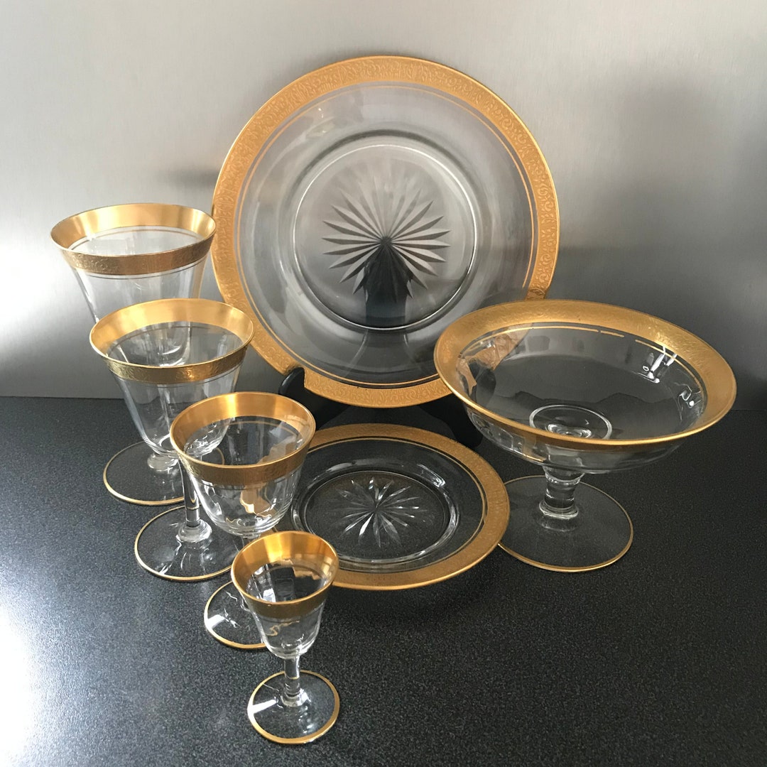 Vintage Tiffin-franciscan Minton Clear Optic Gold Encrusted Glassware ...