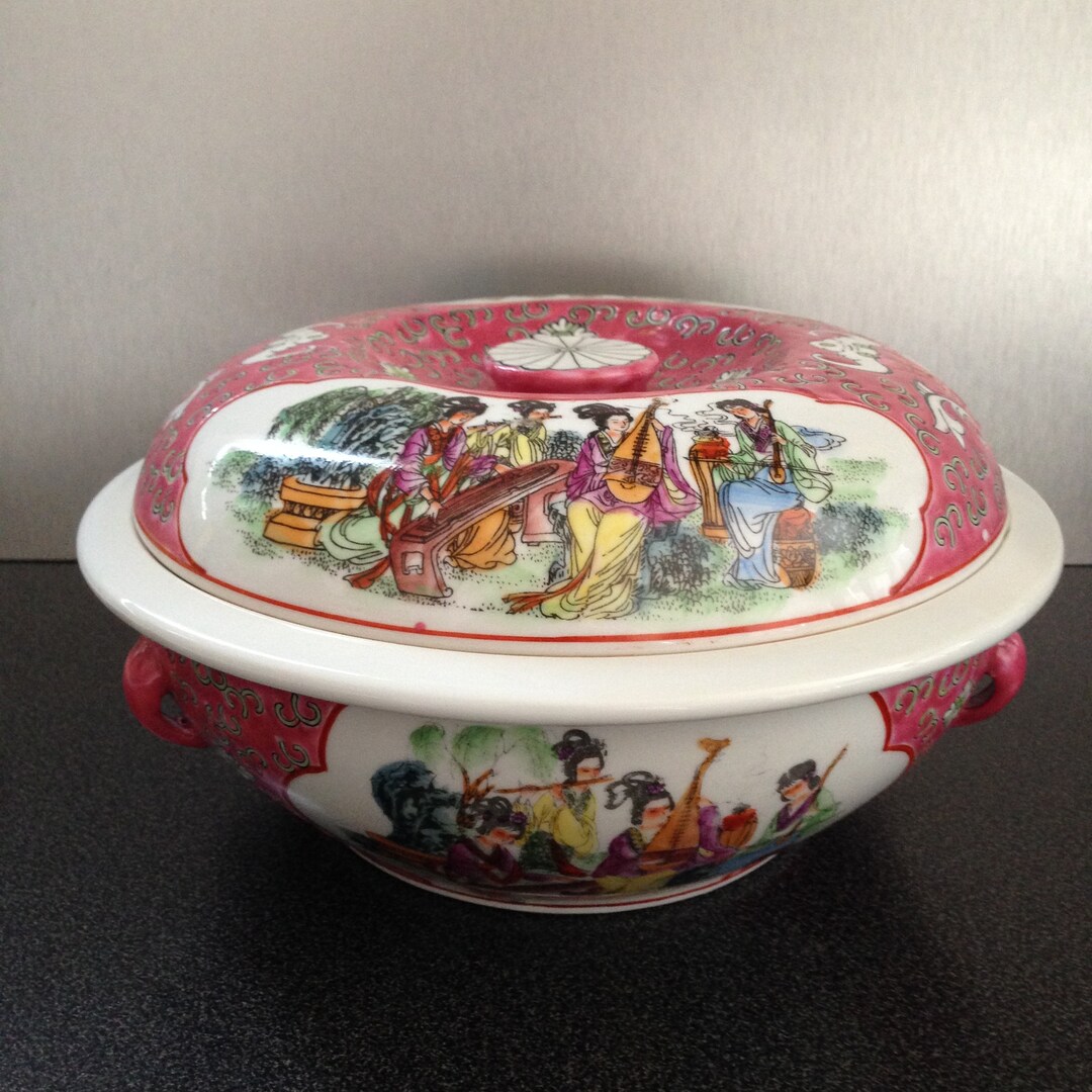 Vintage Chinese Mun Shou Porcelain Soup Tureen/bowl With Lid Longevity ...