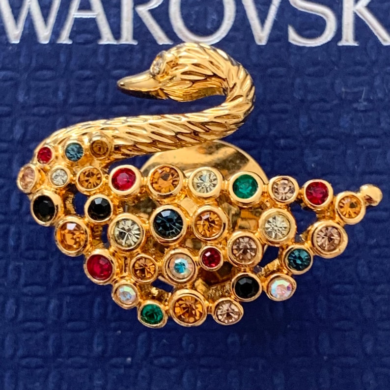Swarovski Gold Tone Swan Lapel/pin Brooch Multi-colour Crystal Stones ...