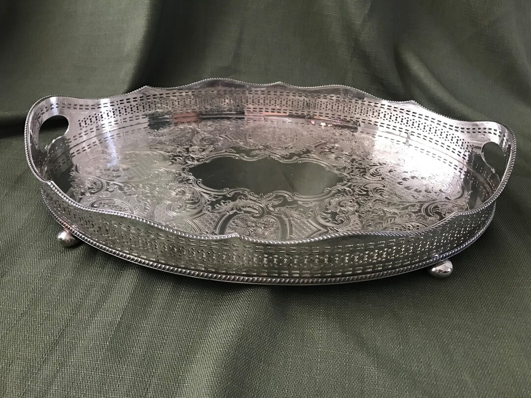 Birks Regency Large Silver Plated Gallery Oval Footed Serving Tray With ...