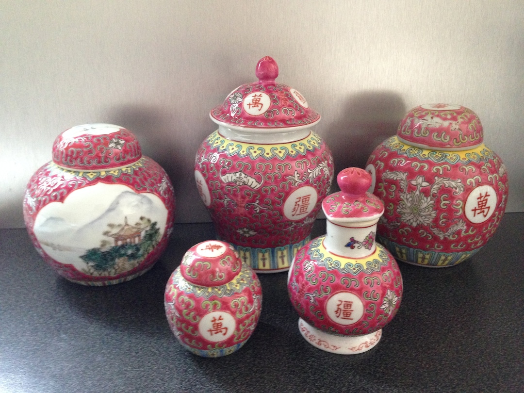 Vintage Chinese Mun Shou Porcelain 5 Jars Longevity Famille Rose ...