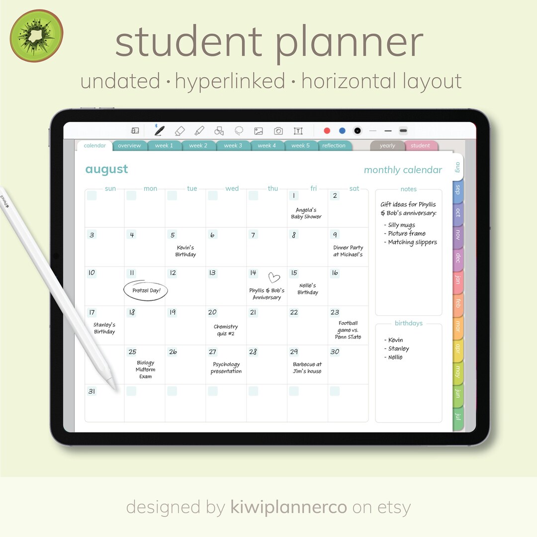 Digital Student Planner | Undated, Hyperlinked, Colorful, Horizontal ...