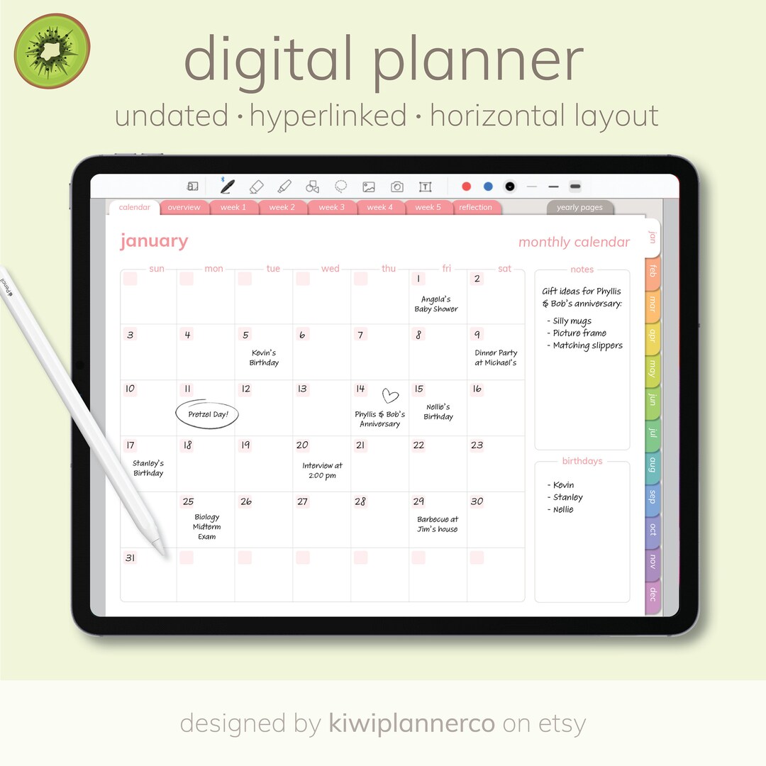 Digital Planner | Undated, Hyperlinked, Colorful, Horizontal Layout ...