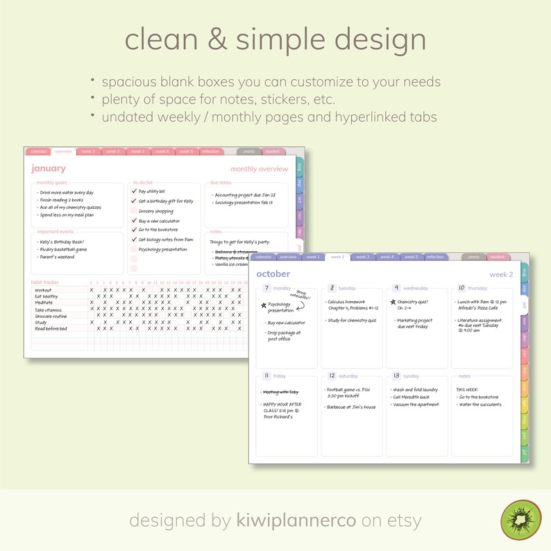 Digital Student Planner | Undated, Hyperlinked, Colorful, Horizontal ...