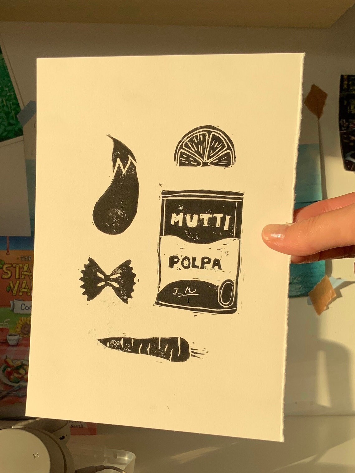 Handcrafted A5 Lino Cut Print Italian Cooking Ingredients Kitchen Decor ...