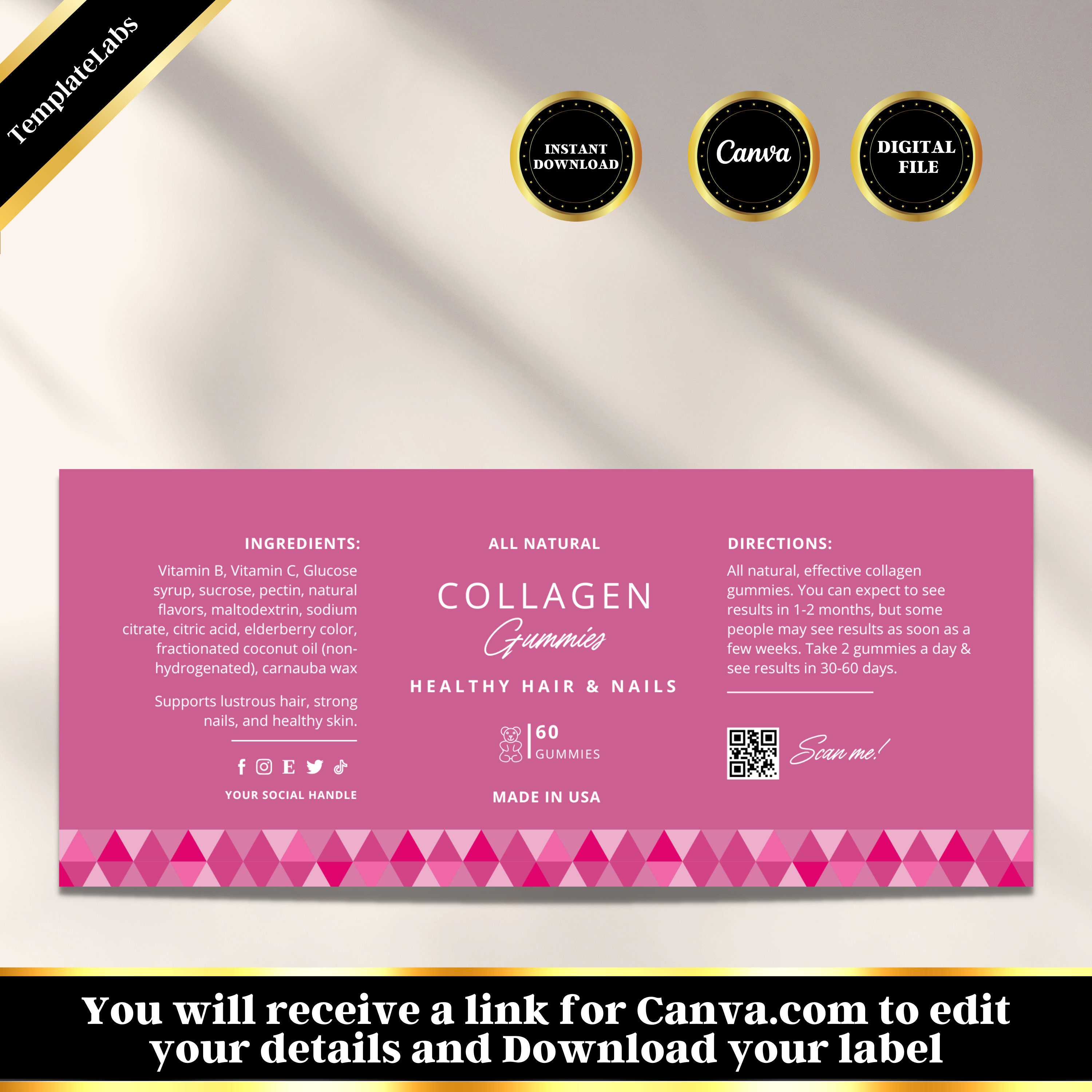 Collagen Gummies Label Template, Vitamin Label, Supplement Label ...