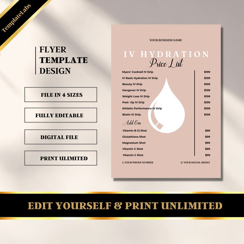 IV Hydration Template, IV Therapy Flyer, Price List Template Canva ...