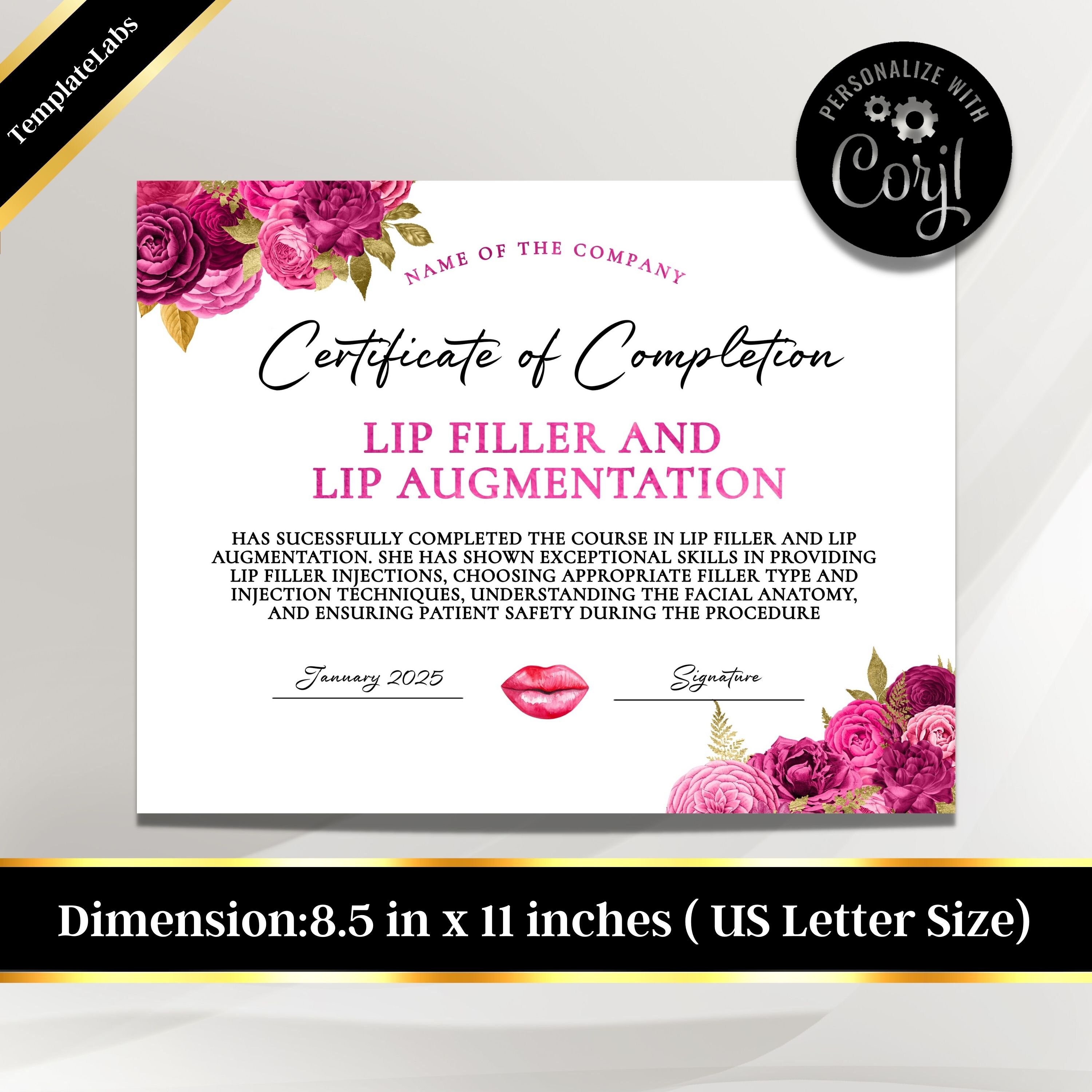 Lip Filler Certificate, Injector Nurse, Lip Filler Template, Printable ...