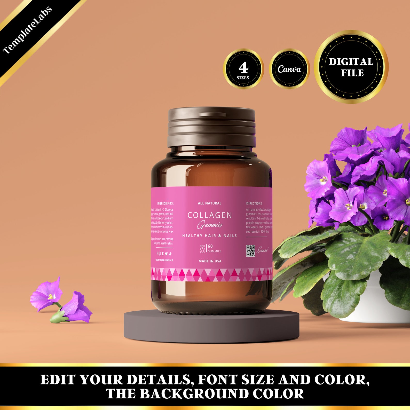 Collagen Gummies Label Template Vitamin Label Supplement - Etsy