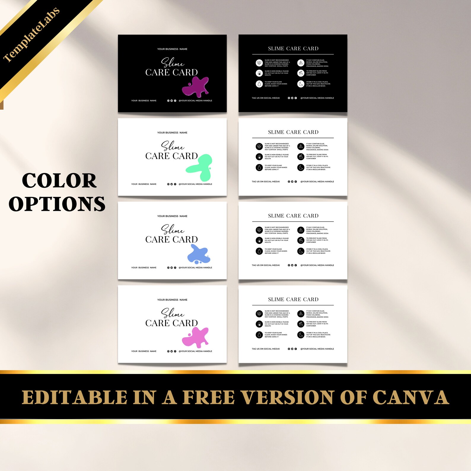 Slime Care Card, Slime Instruction, Printable Card, Editable Card Canva ...