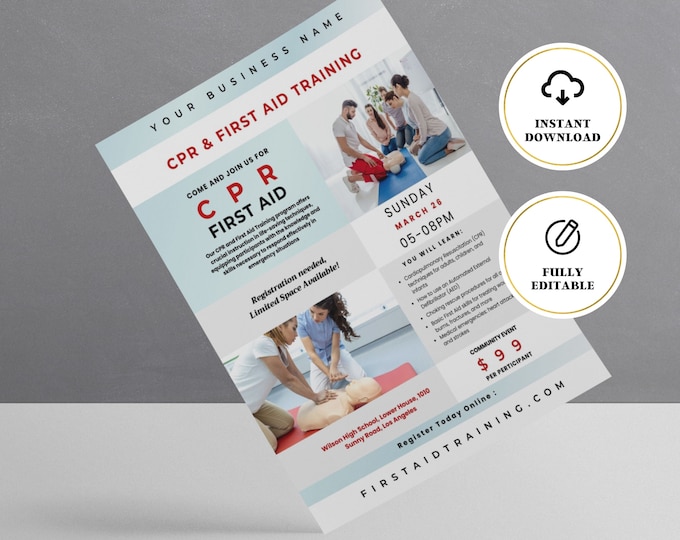 CPR Flyer Template Canva, First Aid Training Flyer, CPR Training Poster ...