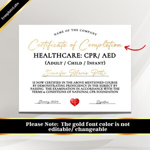 CPR Certificate, Cpr Training Certificate, Editable Certificate of ...