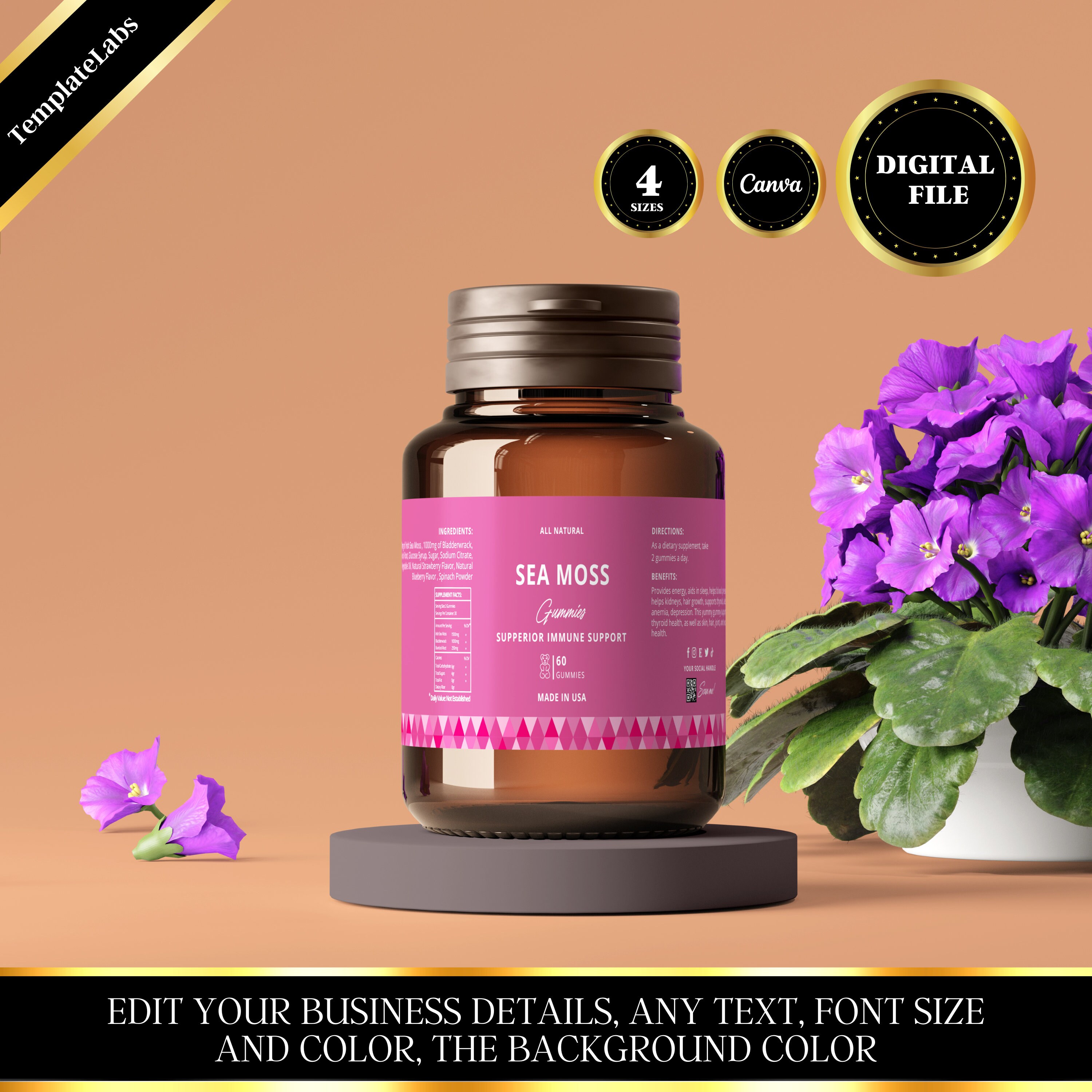 Sea Moss Gummies Label Template, Vitamin Label, Supplement Label ...