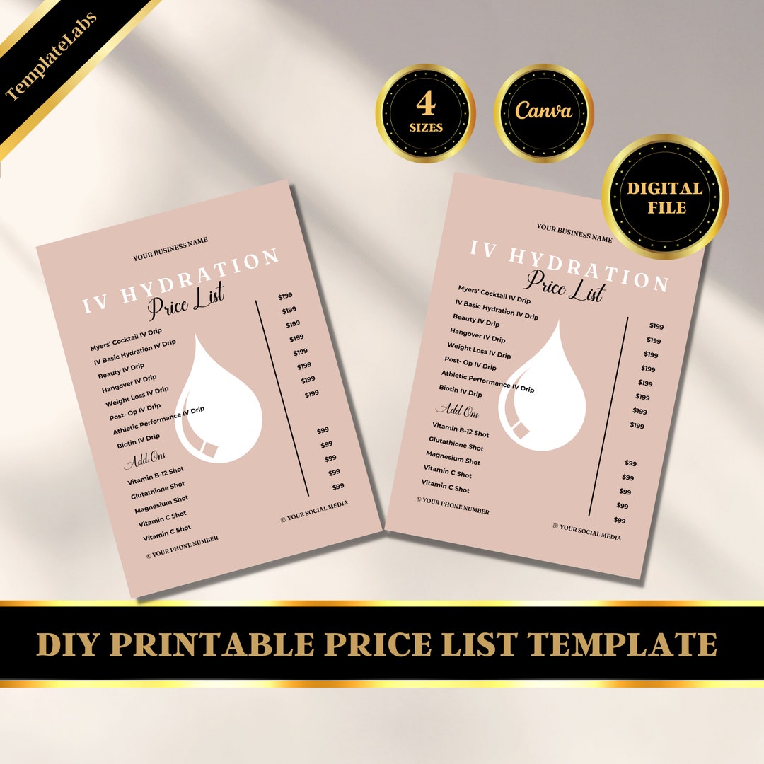 IV Hydration Template, IV Therapy Flyer, Price List Template Canva ...