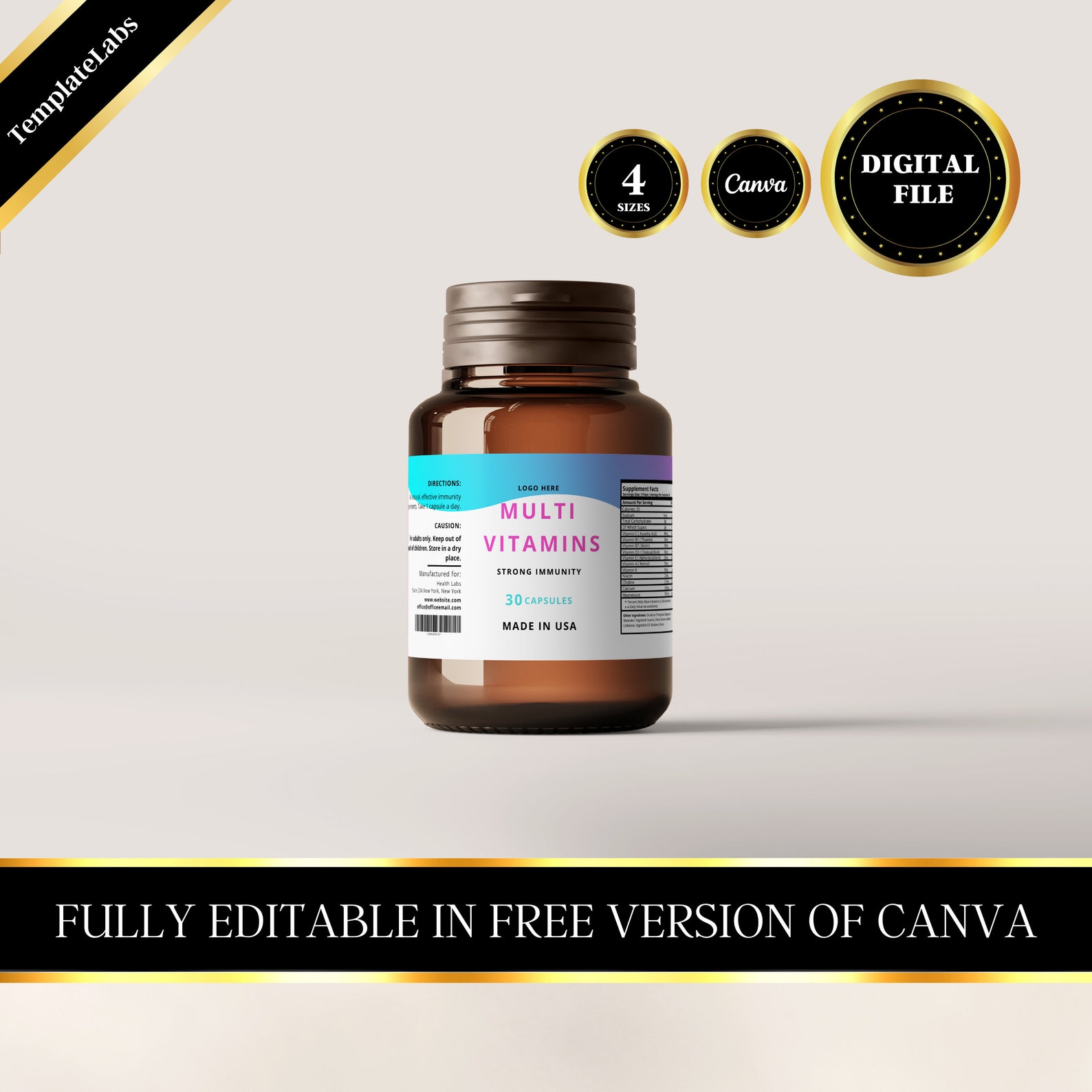 Supplement Label Template, Vitamin Label, Medicine Bottle Label, Bottle ...