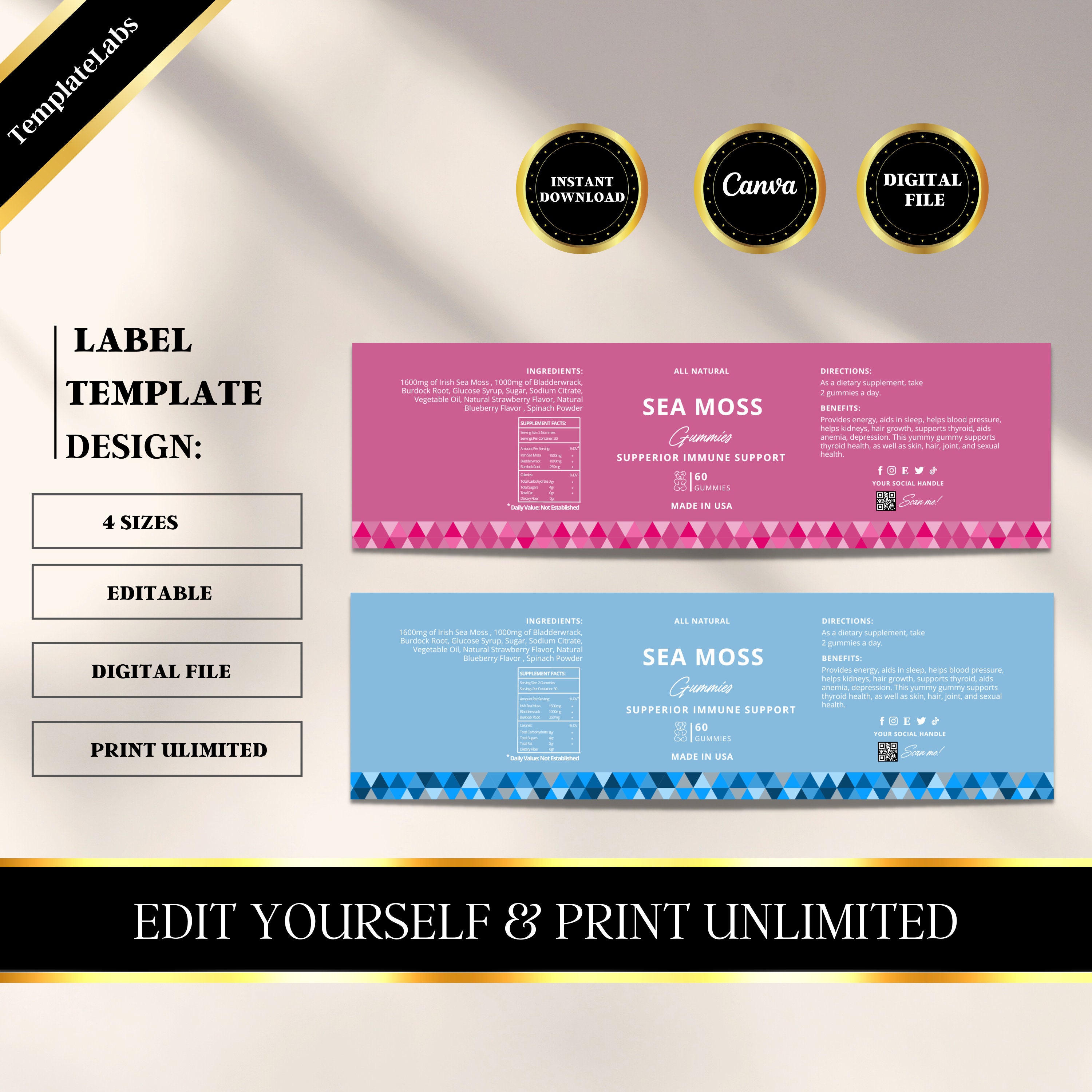 Sea Moss Gummies Label Template, Vitamin Label, Supplement Label ...