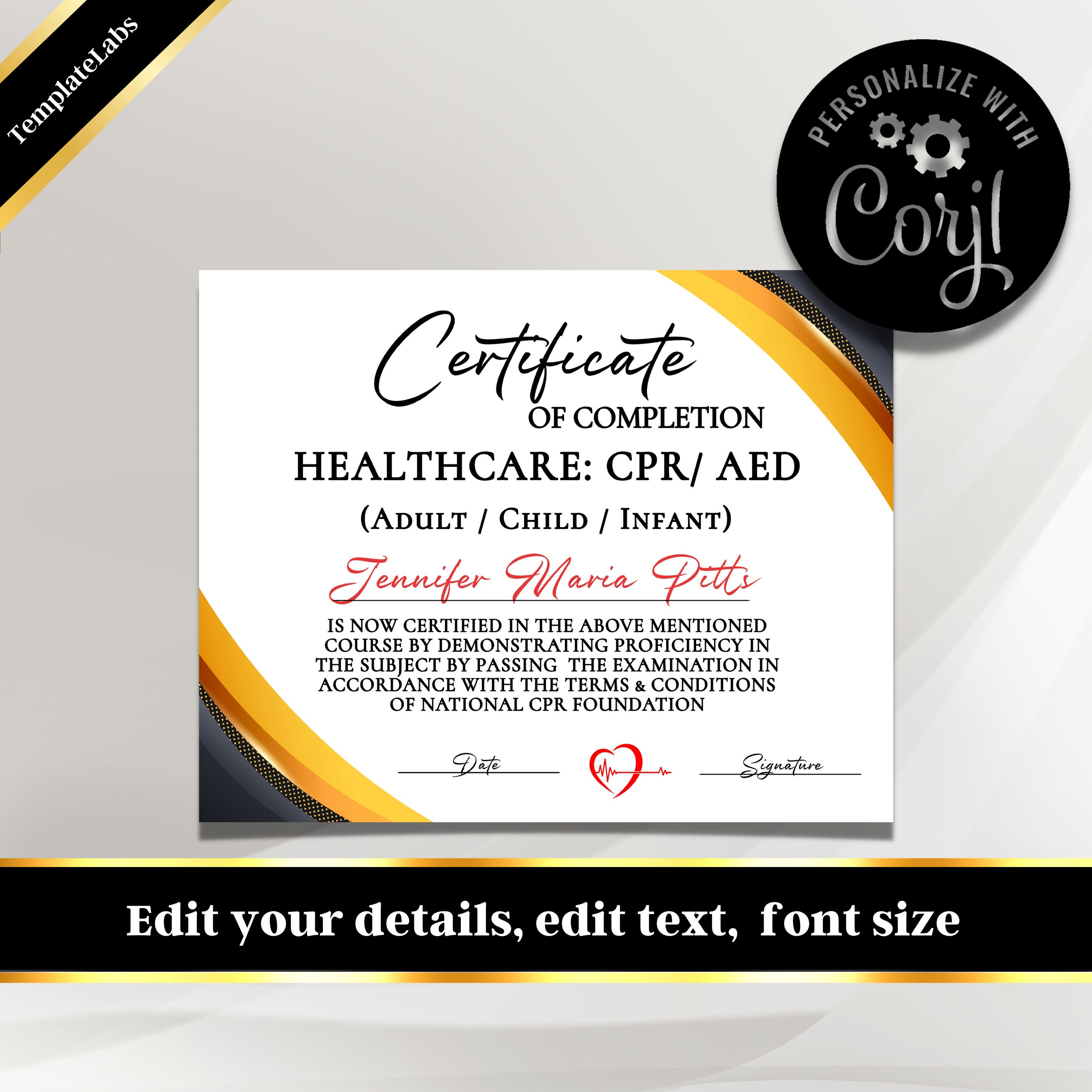 CPR Certificate Cpr Training Certificate Editable - Etsy