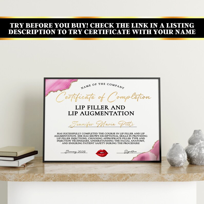 Lip Filler Certificate, Injector Nurse, Lip Filler Template, Printable ...