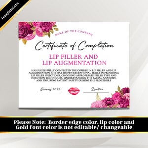 Lip Filler Certificate, Injector Nurse, Lip Filler Template, Printable ...