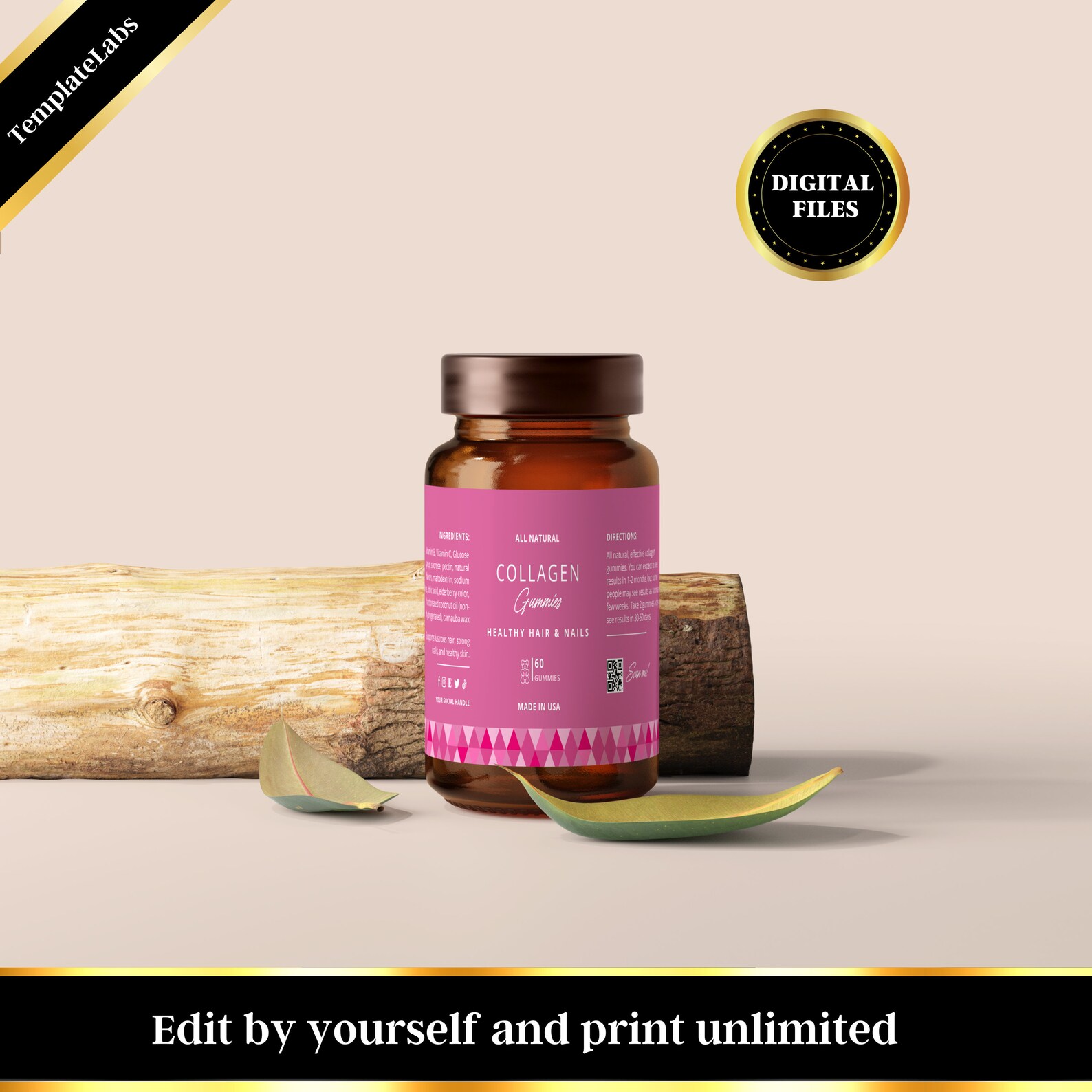 Collagen Gummies Label Template, Vitamin Label, Supplement Label ...