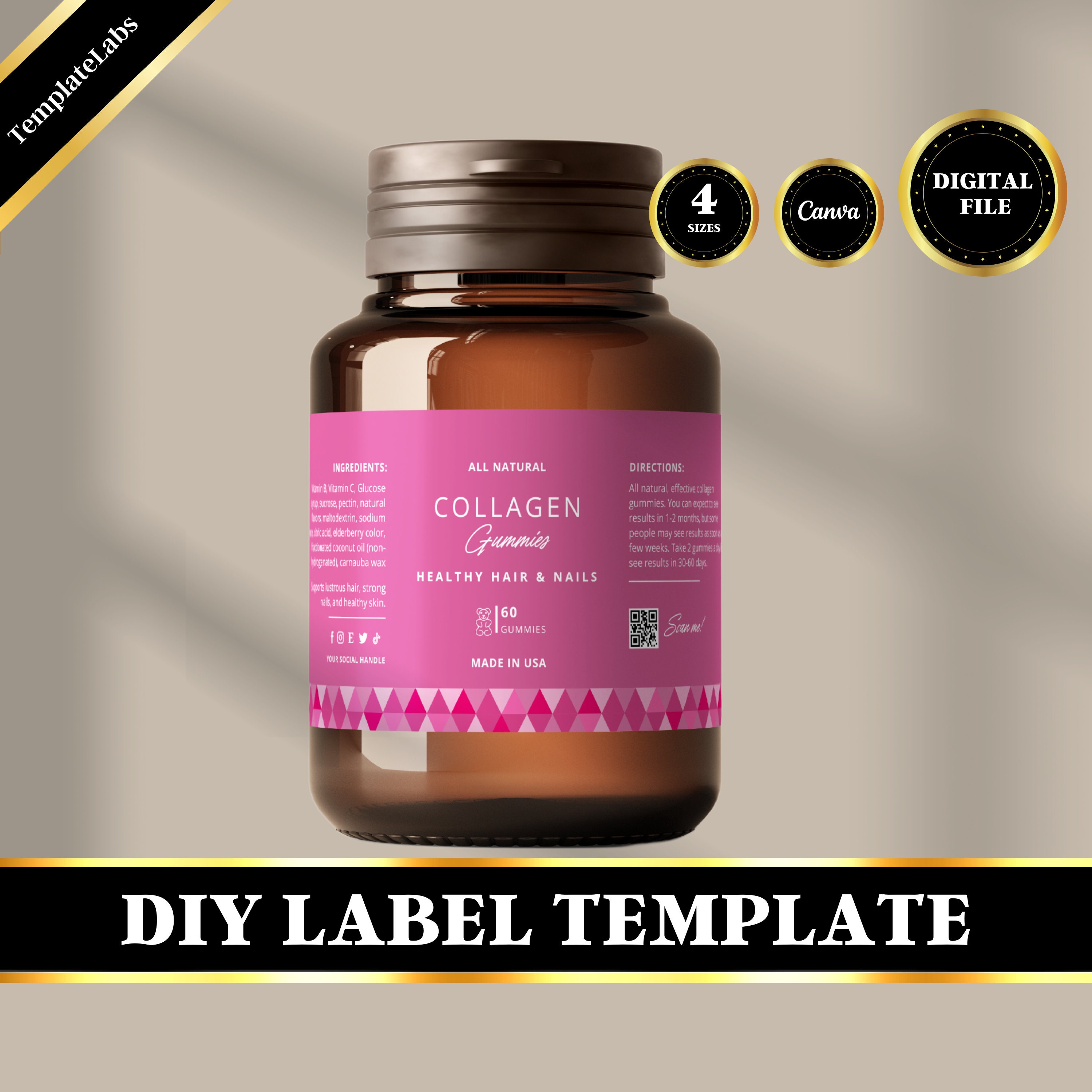 Collagen Gummies Label Template, Vitamin Label, Supplement Label ...