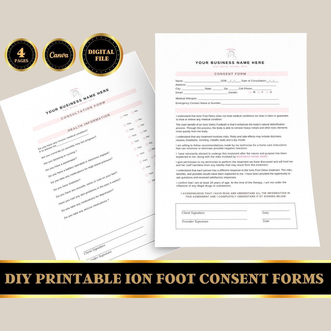 Foot Detox Consent Form, Ionic Foot Detox, Consultation Form, Editable ...