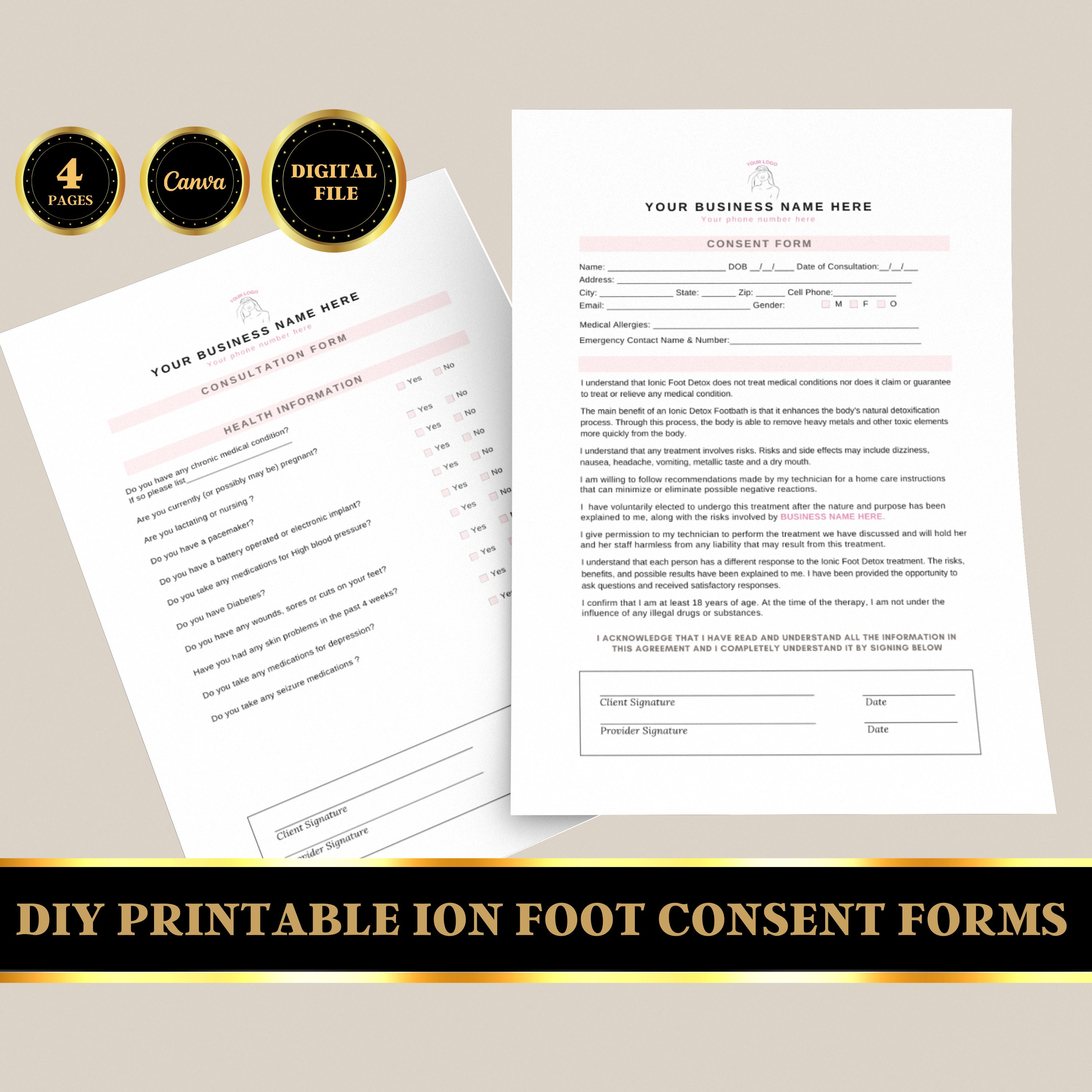 Foot Detox Consent Form, Ionic Foot Detox, Consultation Form, Editable ...