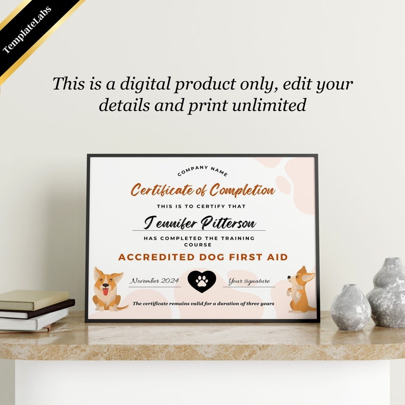 Dog First Aid Printable Certificate, Puppy First Aid, Certificate of ...