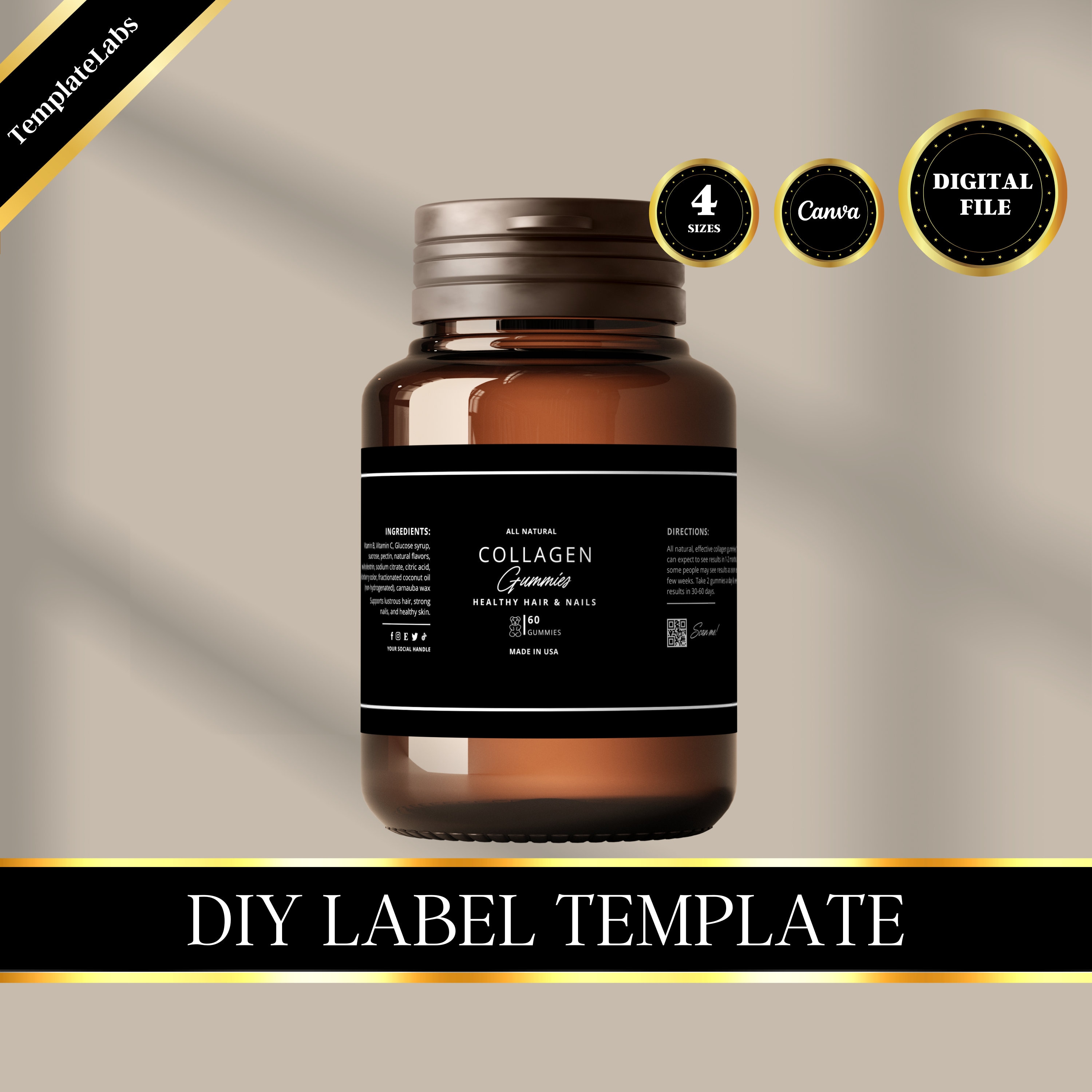 Collagen Gummies Label Template, Vitamin Label, Supplement Label ...