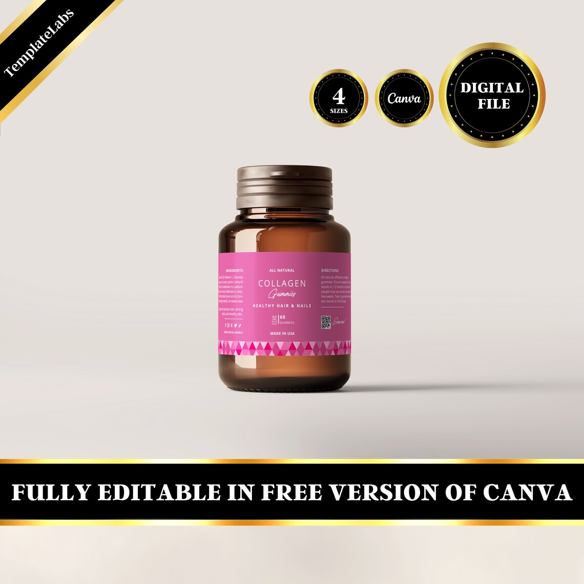 Collagen Gummies Label Template, Vitamin Label, Supplement Label ...