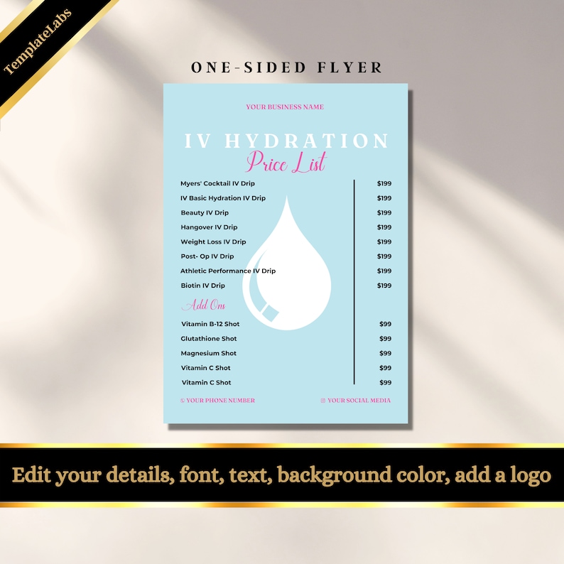 IV Hydration Template, IV Therapy Flyer, Price List Template Canva ...