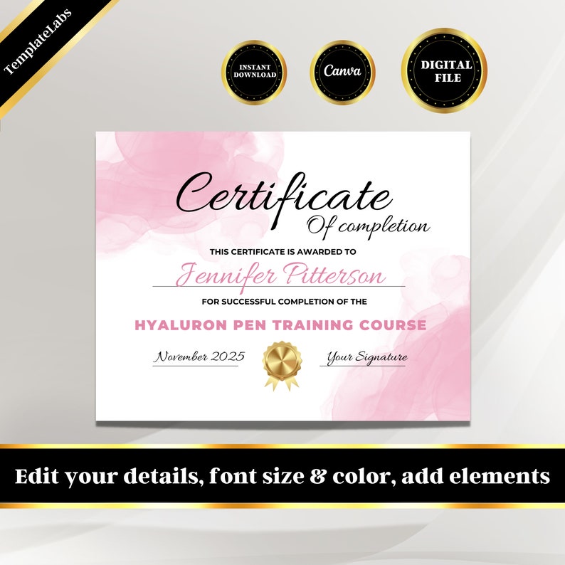 Hyaluron Pen Certificate, Certificate of Completion Template, Editable ...